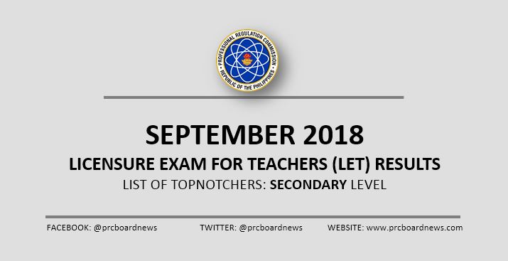 RESULT: September 2018 LET Secondary Top 10 Passers