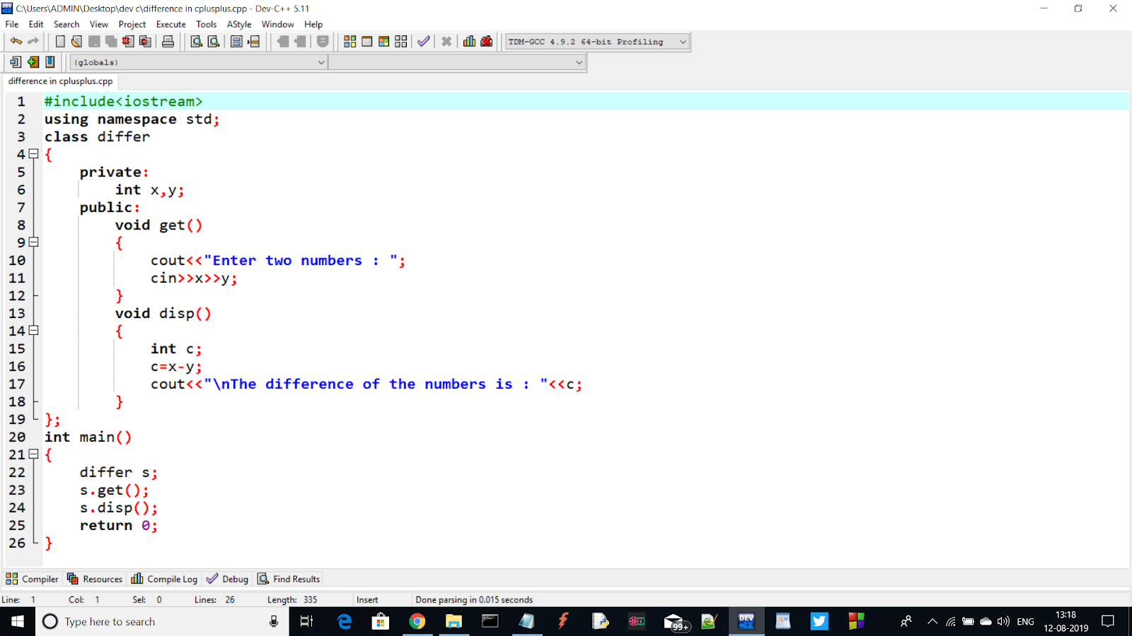 Calculate The Differencesubtraction Between Two Numbers In C Language Without And With Class