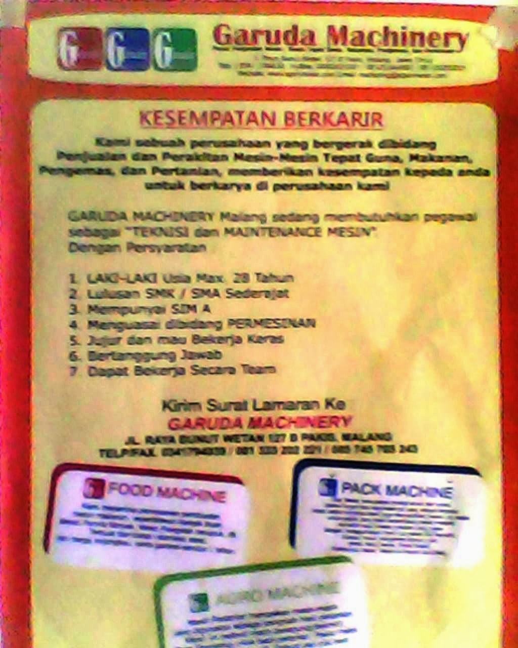 Klik di sini :: Garuda Machinery Malang Butuh Teknisi dan Maintenance ...