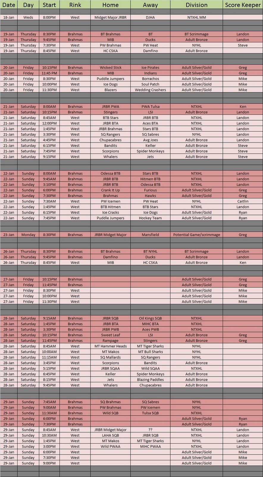 Front Desk and Score Keeper Schedules