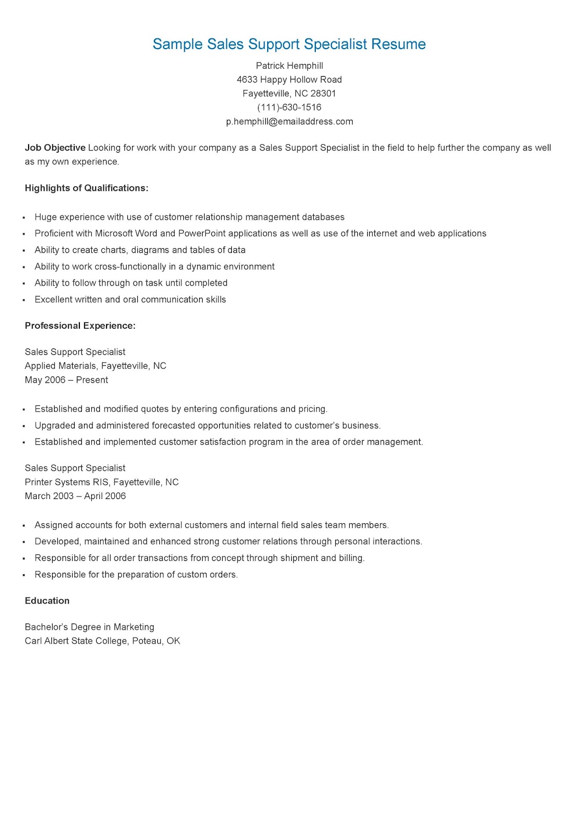 Resume Samples: Sample Sales Support Specialist Resume