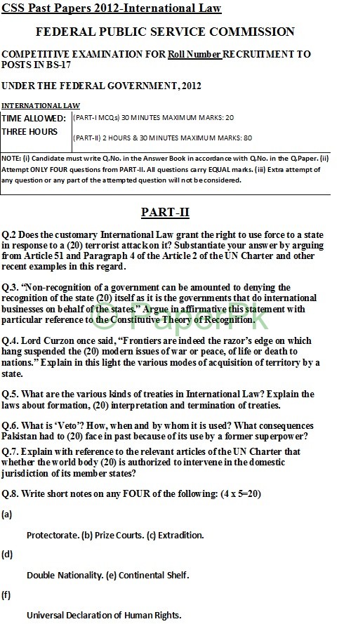 International Law CSS Past Paper 2012 - M.A Zone Testing Service