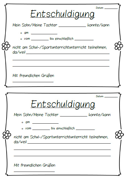 Eulenklasse: Entschuldigungsvordruck