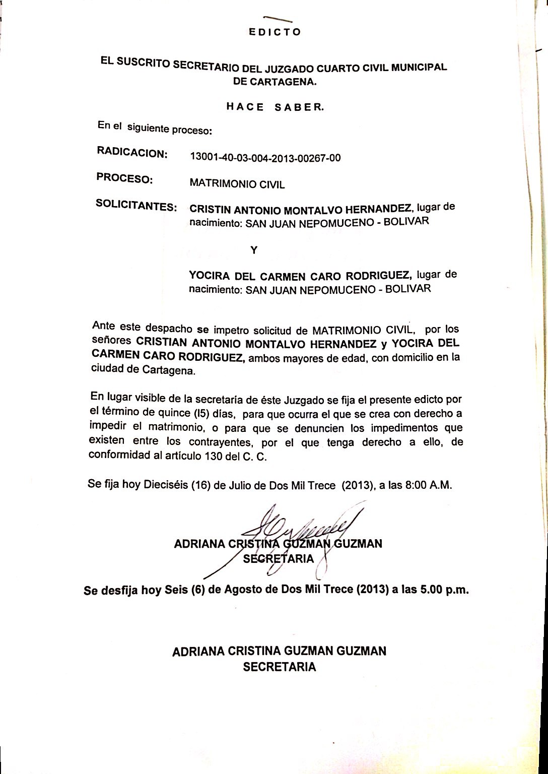 EDICTO MATRIMONIO JULIO 22 DE 2014 RAD. 00900-2013