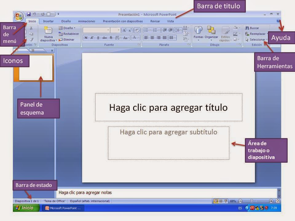 Aprendiendo sobre el Power Point : partes de la ventana