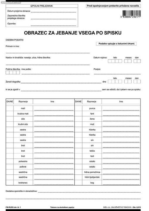 Obrazec za jebanje vsega po spisku