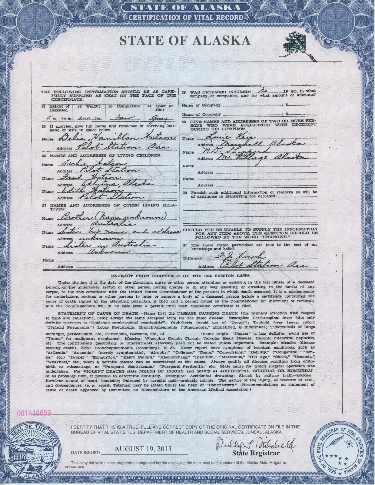 Watson Family History: Death Certificate and Naturalization Records