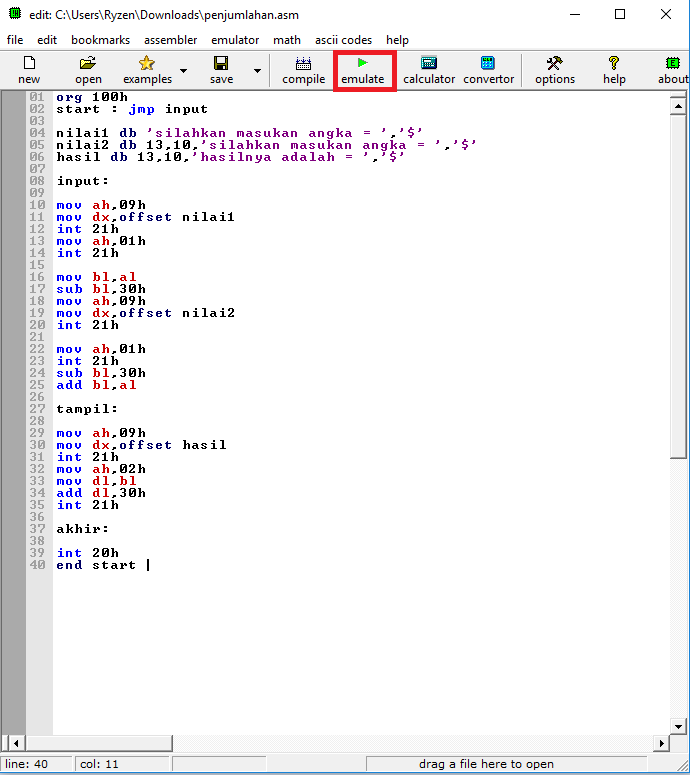 Contoh Program Penjumlahan Metode Input dengan Assembly - Andrian Trik