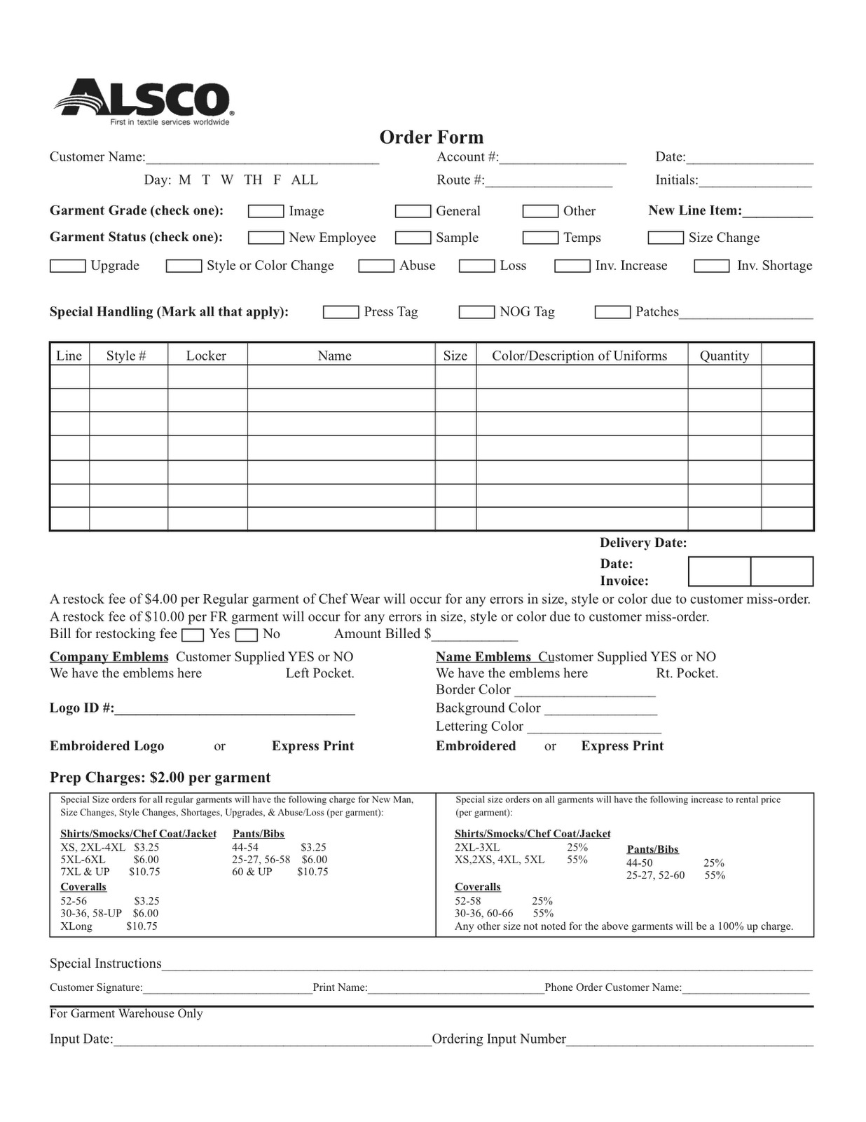 Grafic Dezine: Alsco Order Form