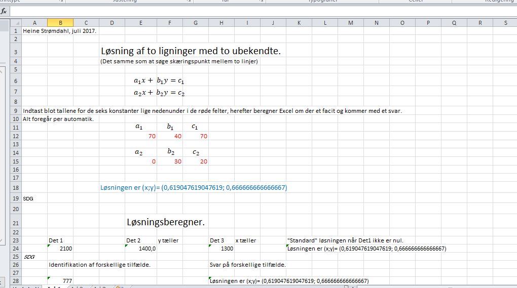 Formelberegner: Løsning af to ligninger med to ubekendte i Excel: