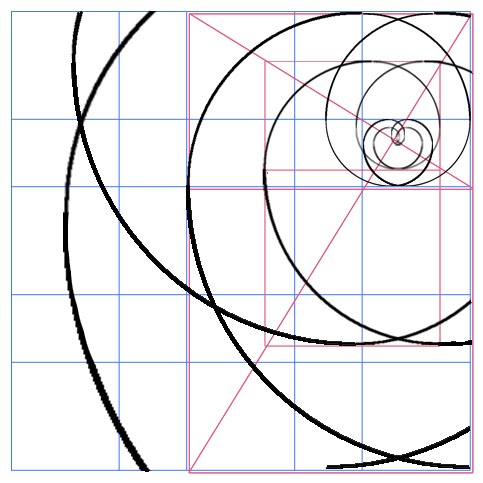 jsf artwork: Golden Spiral and Golden Mean Grid inside Perfect Square