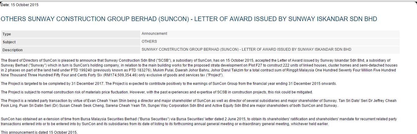 KLSE TALK - 歪歪理财记事本: SunCon : LETTER OF AWARD ISSUED BY SUNWAY ISKANDAR ...