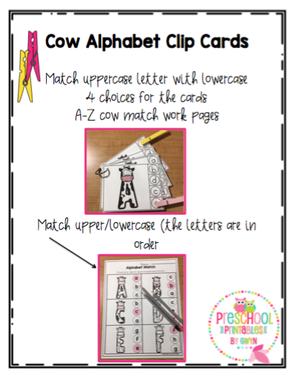 Cow Alphabet Clip Cards and Worksheets ~ Preschool Printables