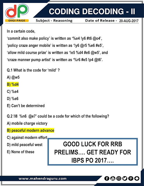 DP | Strategy For IBPS RRB 2017- Coding Decoding - II | 19 - Aug - 17