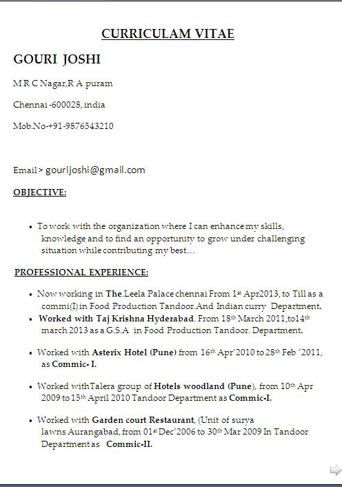 Head Cook Resume Sample Format In Word Free Dowload