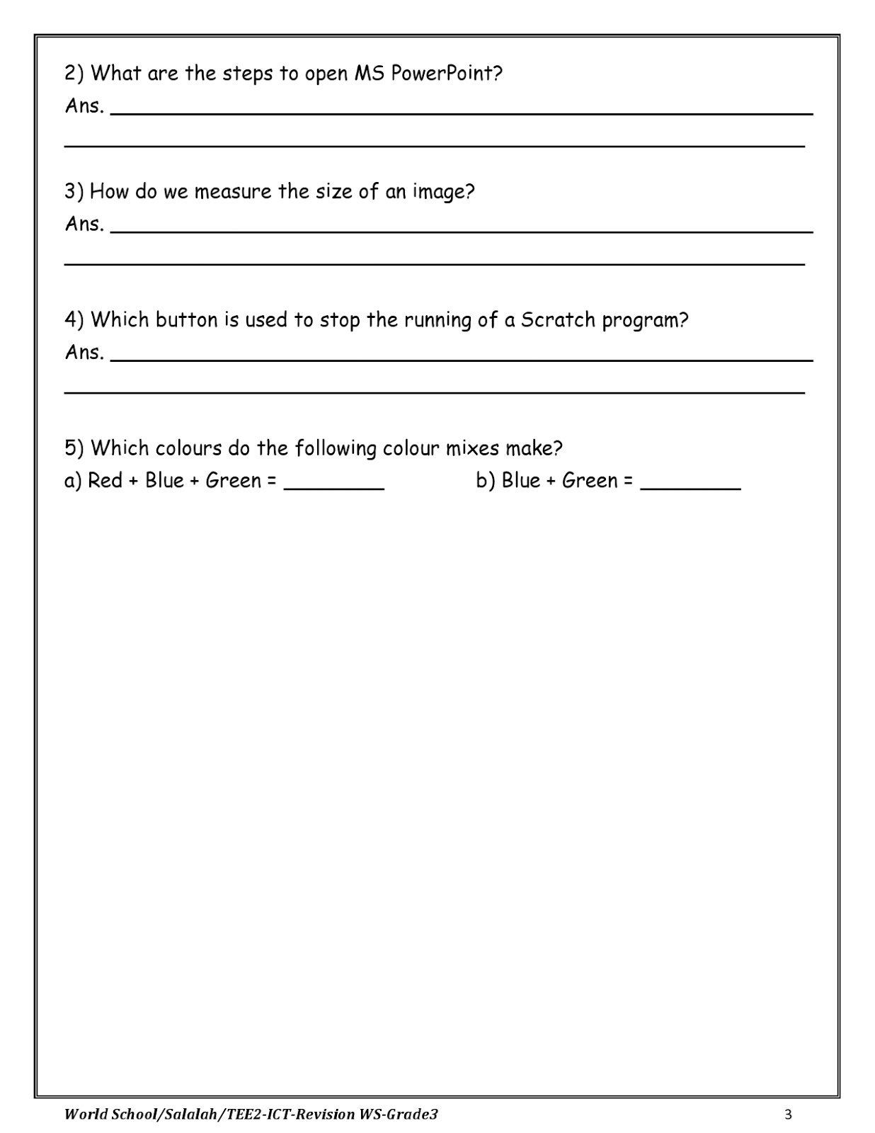 Birla World School Oman: ICT Revision worksheet for Grade 3