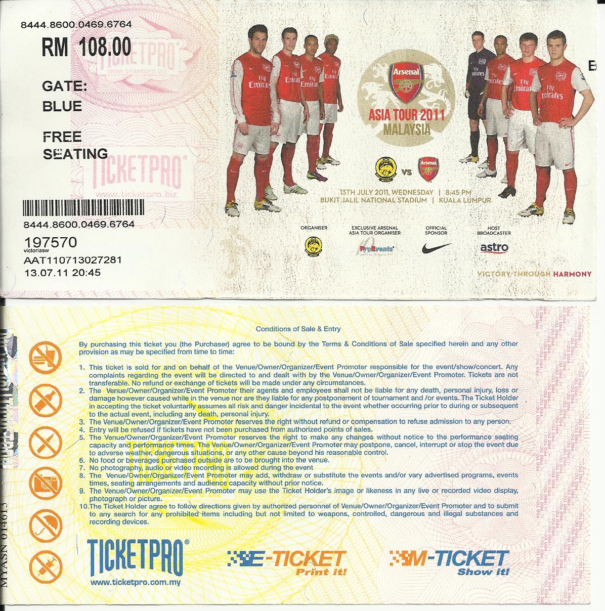 Asian Football Memorabilia: Malaysia v Arsenal - Match Tickets