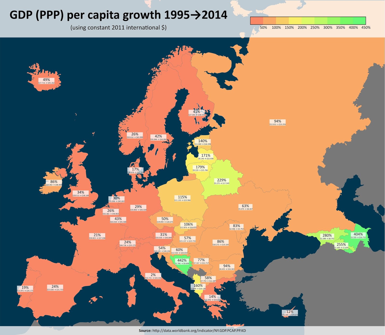 Gdp Ppp Per Capita Growth From 1995 To 2014 Vivid Maps