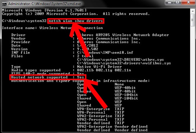 Create a wifi hot spot for free with cmd