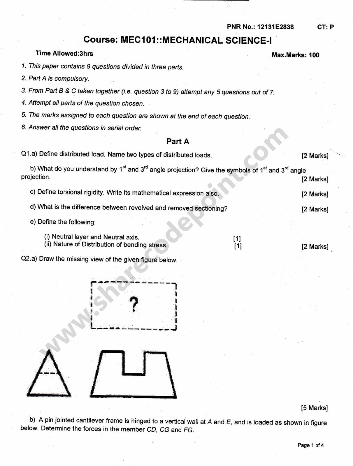 MEC101 : Mechanical Science-1 End Term Exam Question Paper