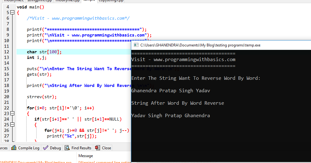 C Program To Reverse The Words In A Sentence