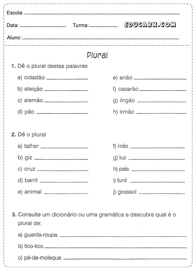Educar X: Atividades singular e plural 3° ano fundamental
