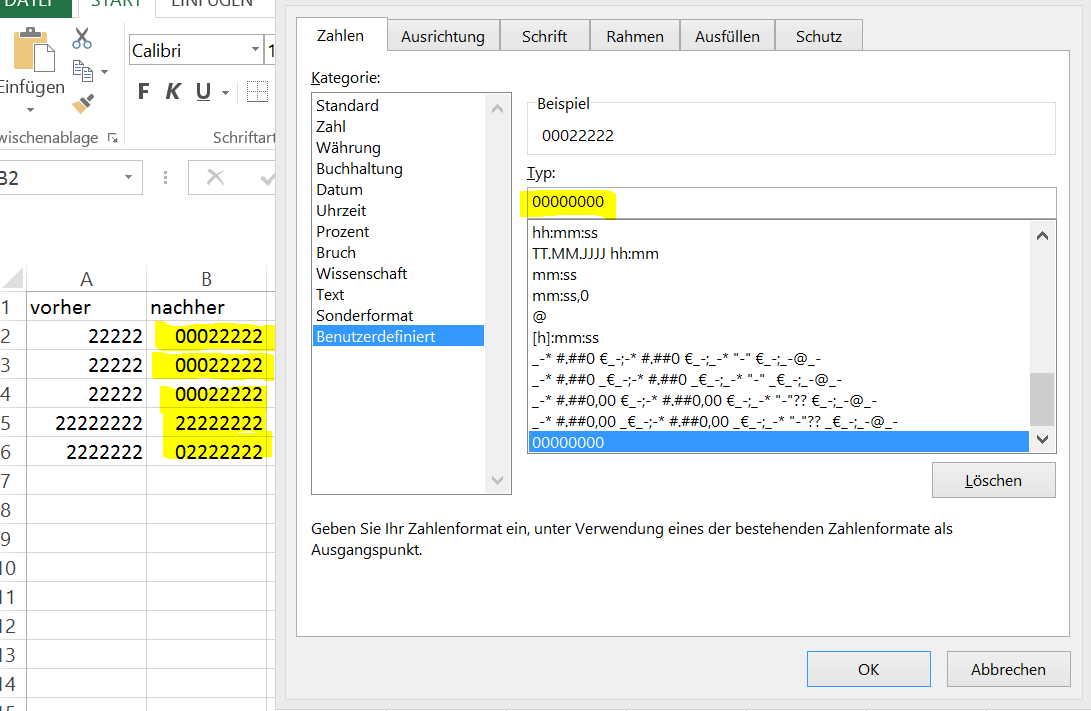 führende Nullen auffüllen, Zellen formatieren, benutzerdefiniert