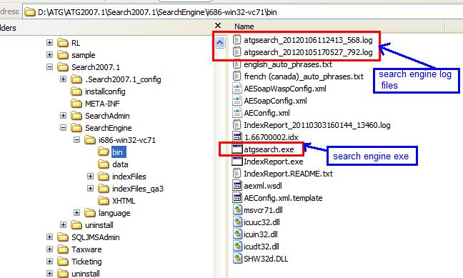 ATG search installation and search engine log files