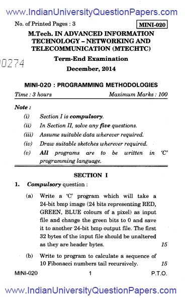 IGNOU MINI-020 PROGRAMMING METHODOLOGIES Dec 2014 Question Paper ...
