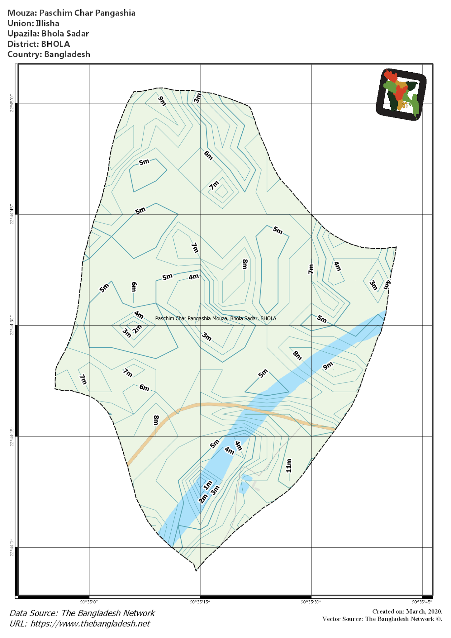 Map of Paschim Char Pangashia Mouza, Bhola Sadar, Bhola