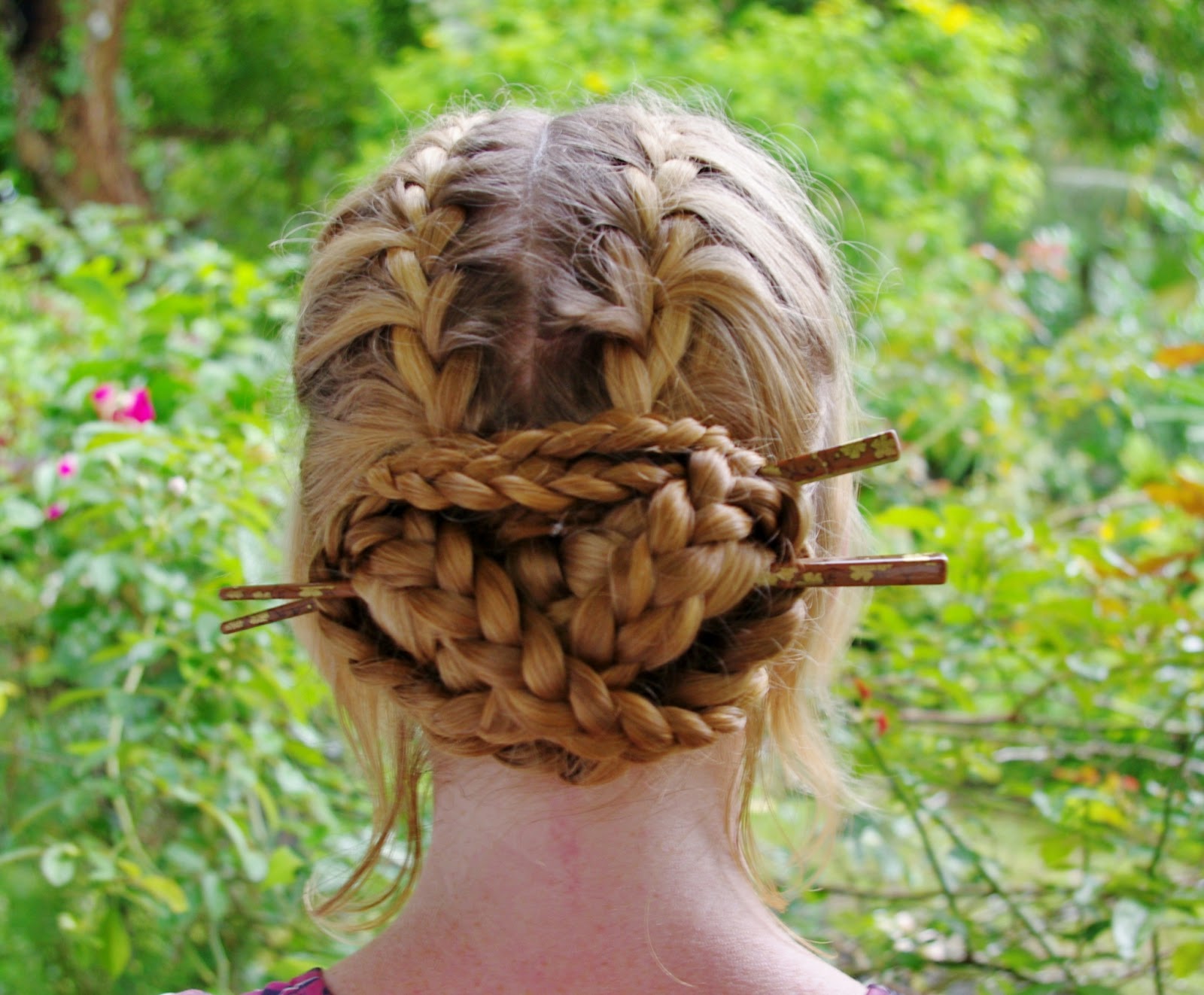 Braids & Hairstyles for Super Long Hair: French Braids & Chop Sticks Updo