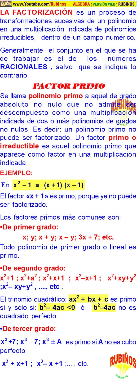 FACTOR PRIMO DE UN POLINOMIO EJEMPLOS DE FACTORIZACIÓN