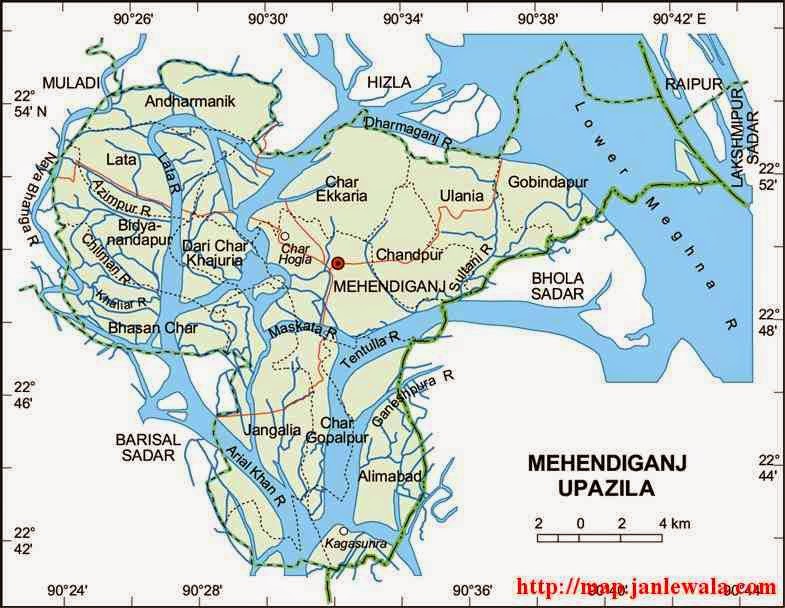 Mehendiganj Upazila Map, Barisal District, Bangladesh