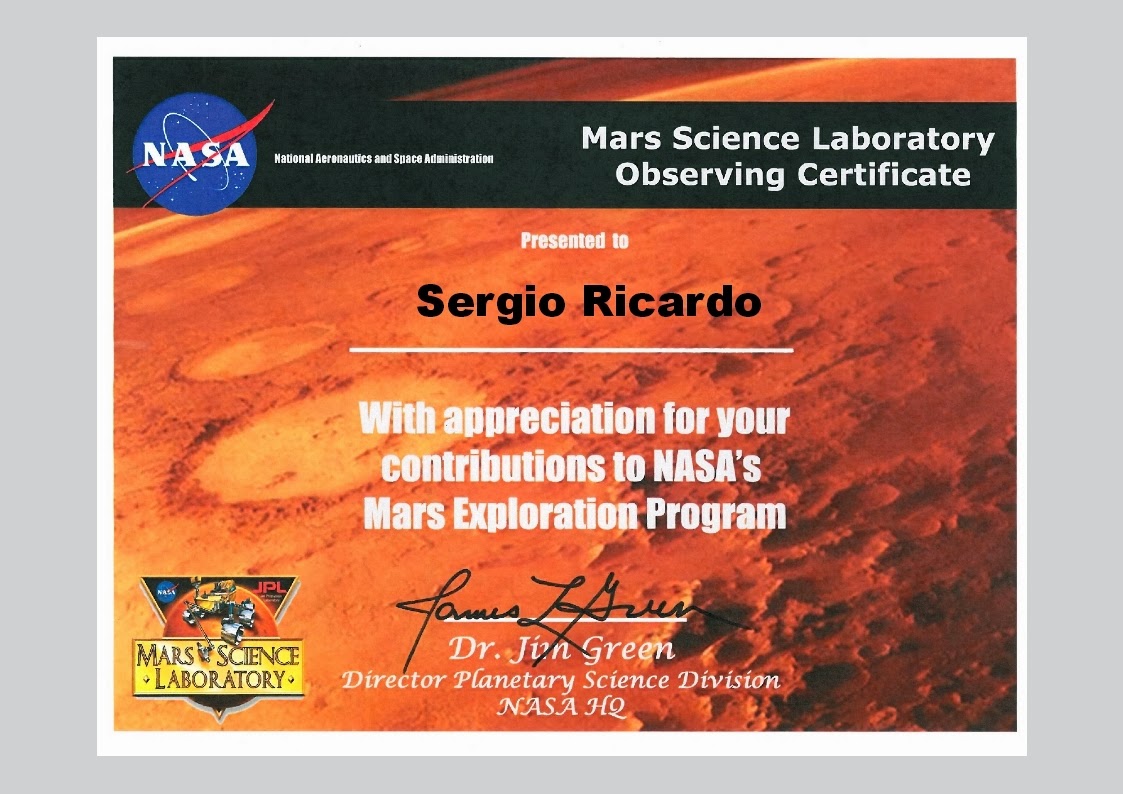 PU2OKE - S.RICARDO: DIPLOMA DA NASA: Mars Science Laboratory Observing