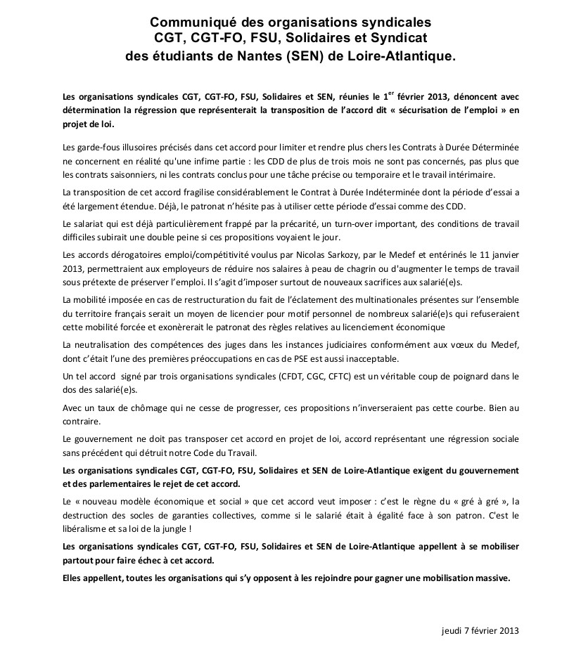 FO - Loire Atlantique: SÉCURISATION DE L'EMPLOI: COMMUNIQUÉ DES ...