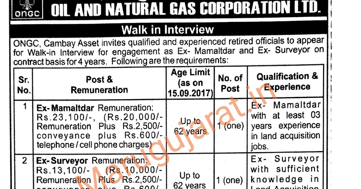 ONGC Cambay Asset, Khambhat Recruitment for Ex- Mamlatdar & Ex ...