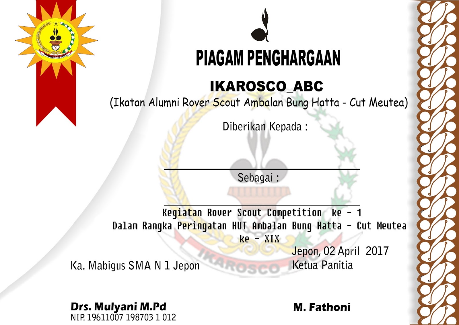 KN PROFESIONAL: PIAGAM PRAMUKA ROSCOM