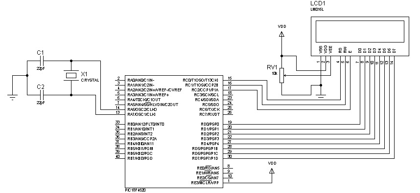 Digital Clock Using PIC18F4520 on LCD (Code.c + Proteus Circuit)
