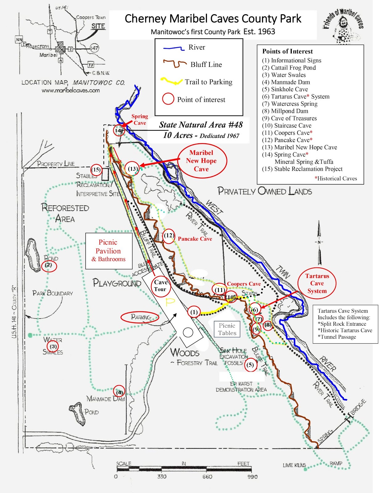 Day Hiking Trails: Short trail passes several bluffside caves