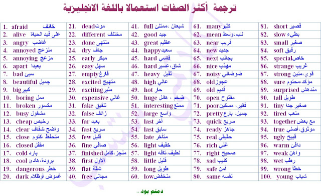 صوره فيها 100 كلمة مترجمة كلمات شائعة لازم تعرفها ~ Learn English