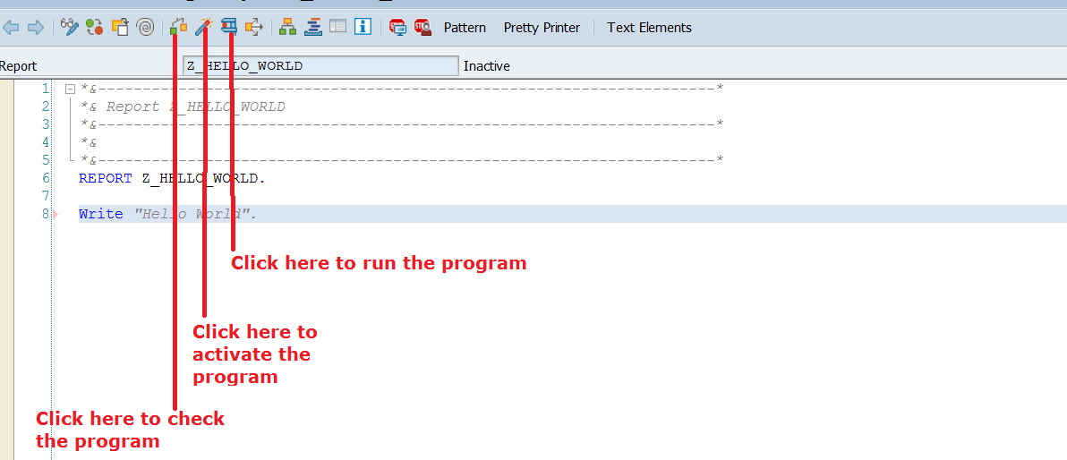 Programming for beginners: ABAP Editor : Hello World Program