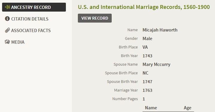 Barron Family Tree: Micajah Haworth 1743-1822