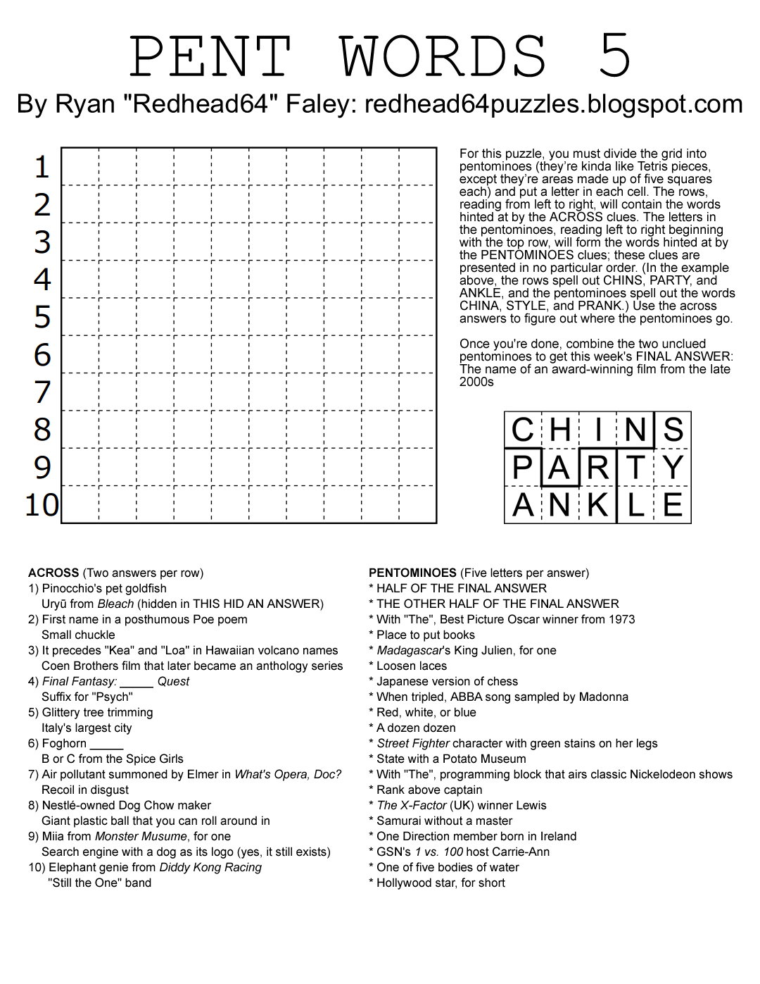 Redhead64's Obscure Puzzle Blog!: PUZZLE #62: Pent Words 5