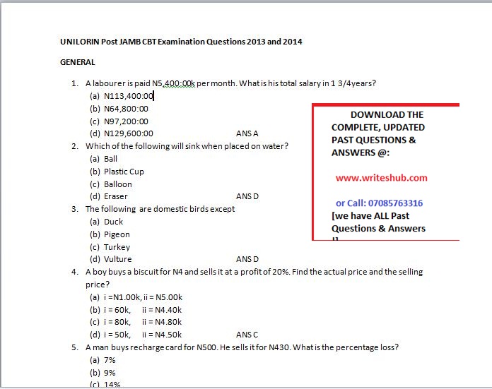 KOKOMEDIA: DOWNLOAD FREE UNILORIN Post UTME PAST QUESTIONS NOW