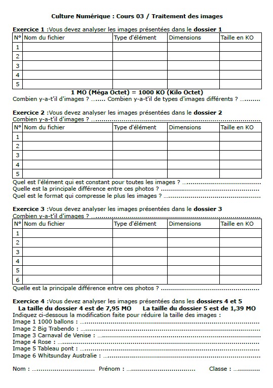 Images numériques : exercices à faire