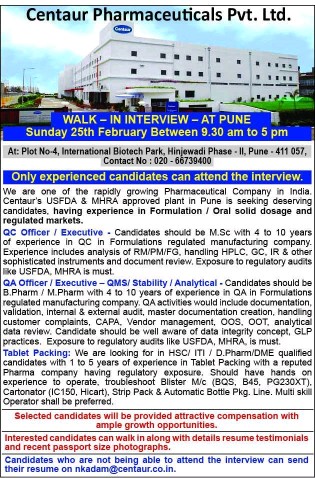 Walk in for Centaur Pharmaceutical in Pune on 25th Feb 2018