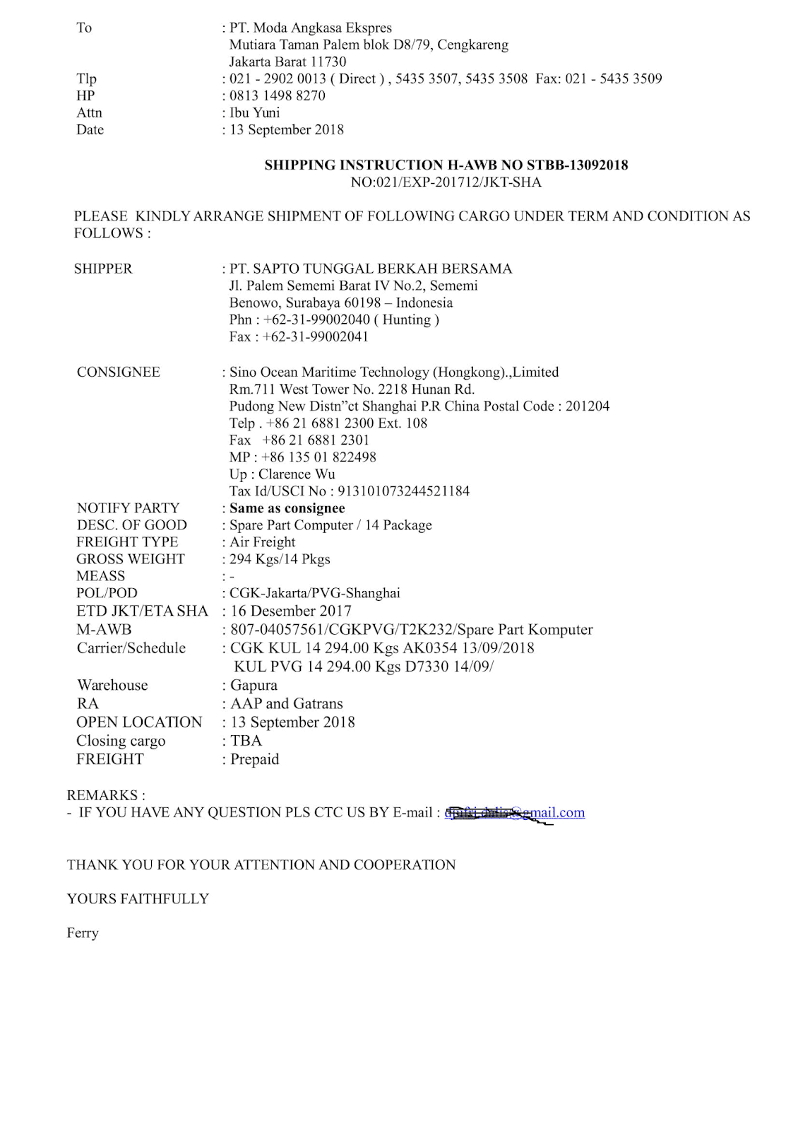 Shipping Instruction