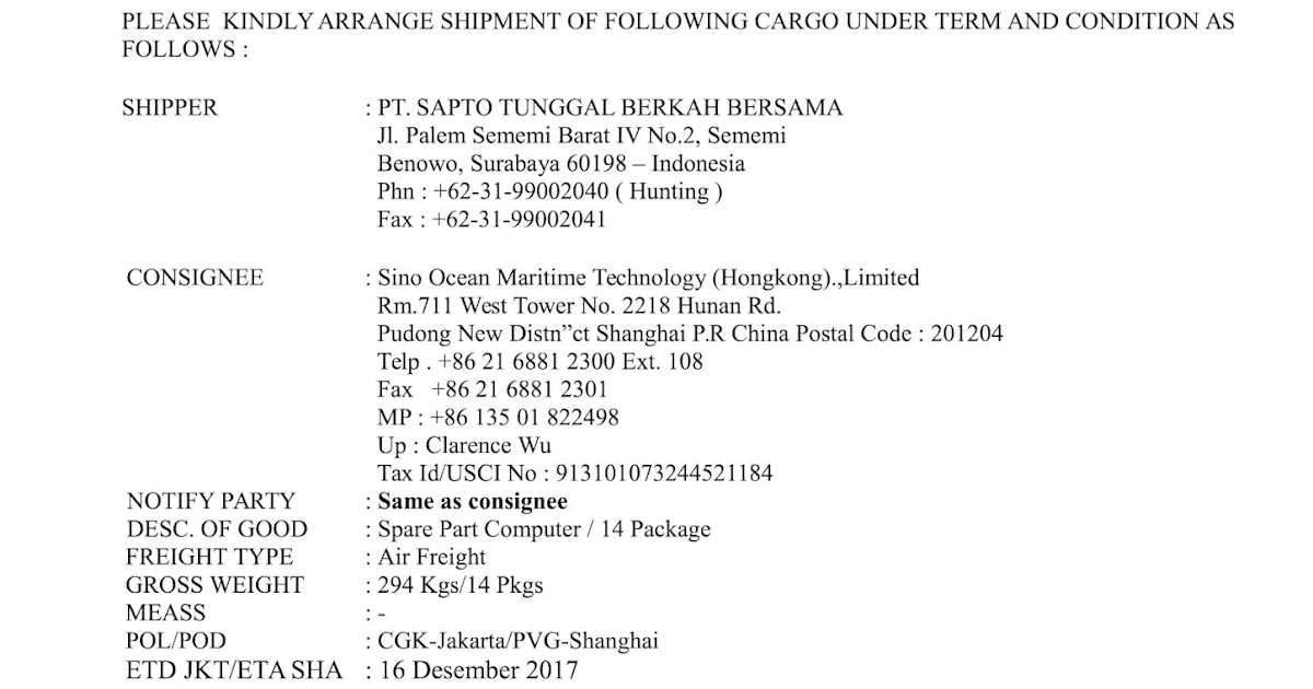 Shipping Instruction