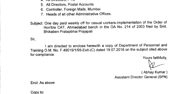 ONE DAY PAID WEEKLY OFF FOR CASUAL WORKERS ~ BHARATIYA POSTAL EMPLOYEES ...