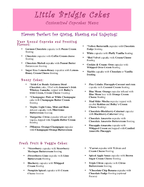 Little Bridgie Cakes: Basic Cupcake Menu